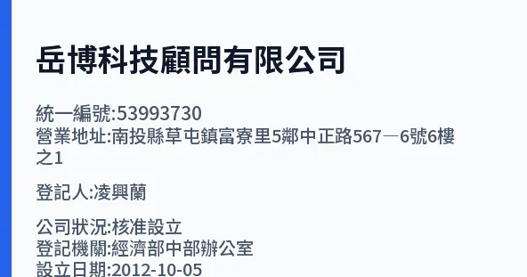 岳博科技顧問有限公司的照片-統編 53993730(南投縣) 公司登記資料與營業項目詳細圖表