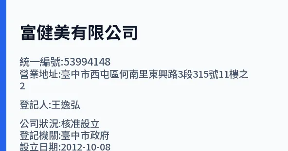 富健美有限公司的照片-統編 53994148(臺中市) 公司登記資料與營業項目詳細圖表
