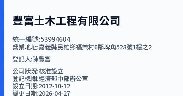 豐富土木工程有限公司的照片-統編 53994604(嘉義縣) 公司登記資料與營業項目詳細圖表