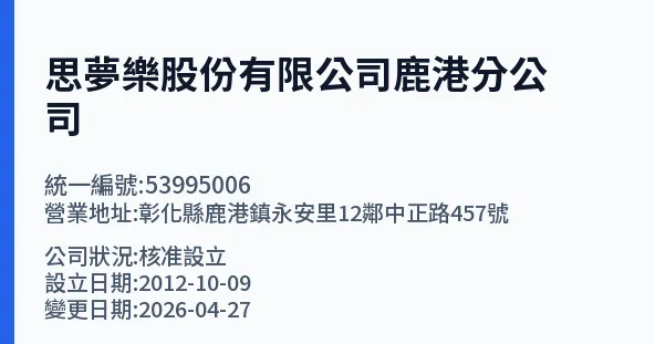 思夢樂股份有限公司鹿港分公司的照片-統編 53995006(彰化縣) 公司登記資料與營業項目詳細圖表