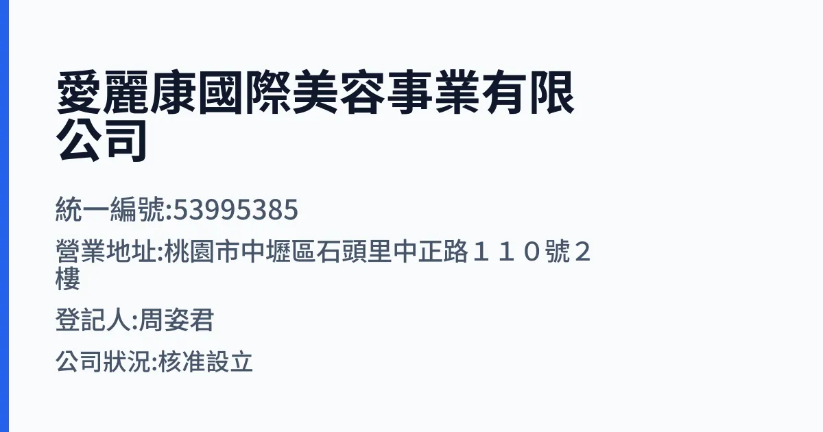愛麗康國際美容事業有限公司 - 統編 53995385(桃園市) 公司登記資料與營業項目詳細圖表
