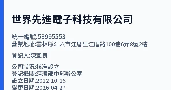 世界先進電子科技有限公司的照片-統編 53995553(雲林縣) 公司登記資料與營業項目詳細圖表
