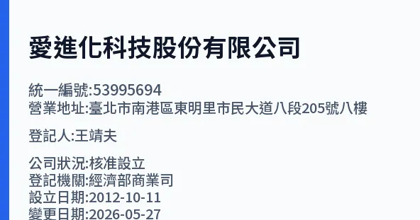 愛進化科技股份有限公司的照片-統編 53995694(臺北市) 公司登記資料與營業項目詳細圖表