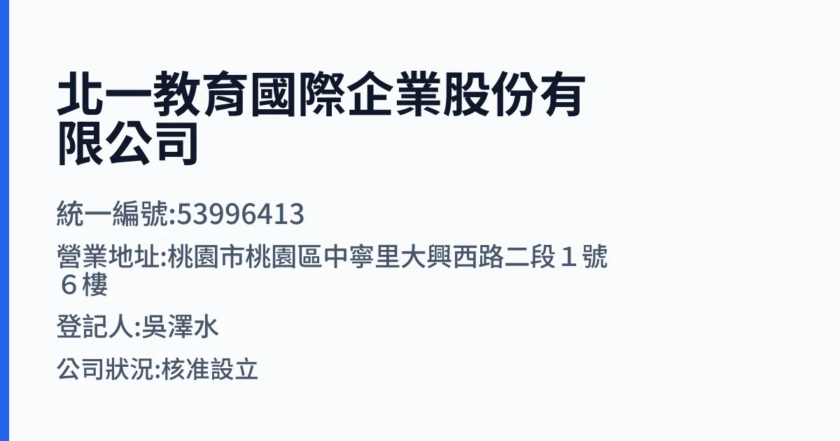 北一教育國際企業股份有限公司 - 統編 53996413(桃園市) 公司登記資料與營業項目詳細圖表