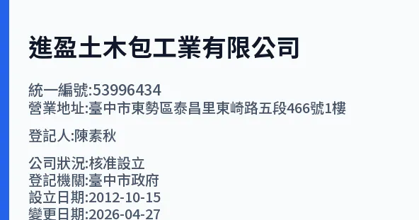 進盈土木包工業有限公司的照片-統編 53996434(臺中市) 公司登記資料與營業項目詳細圖表