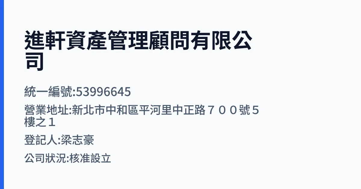進軒資產管理顧問有限公司 - 統編 53996645(新北市) 公司登記資料與營業項目詳細圖表