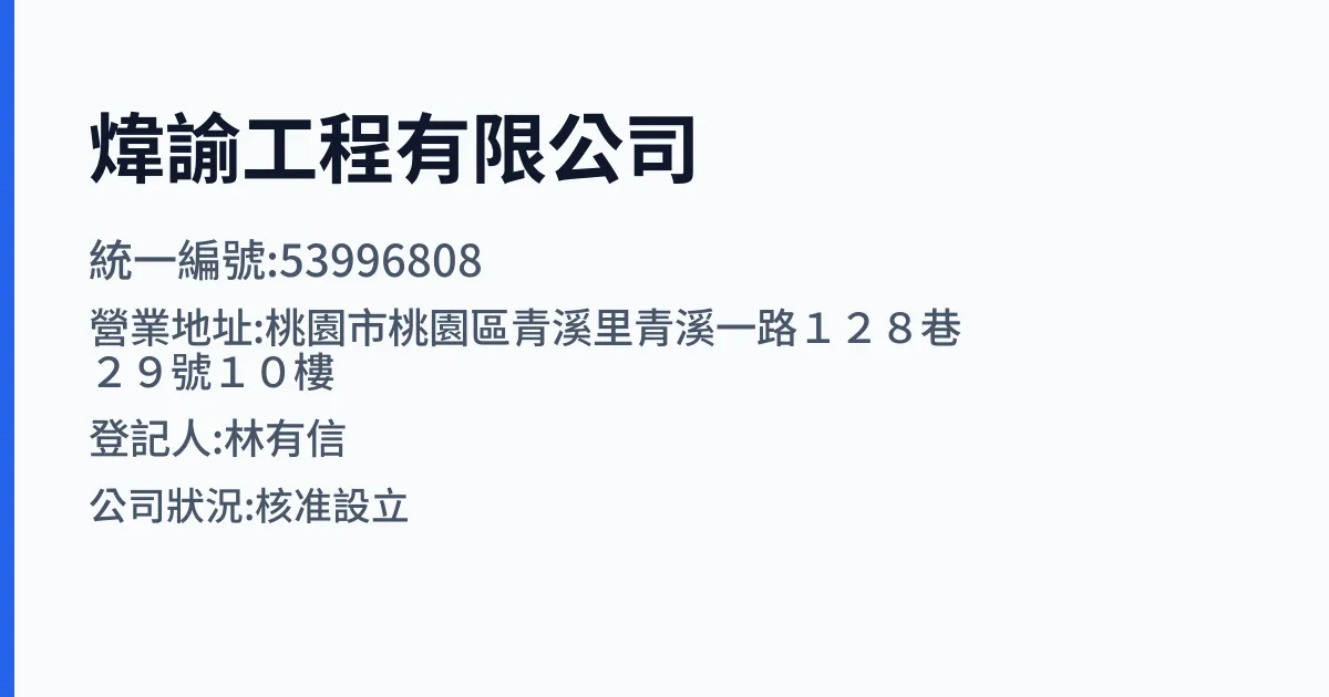 煒諭工程有限公司 - 統編 53996808(桃園市) 公司登記資料與營業項目詳細圖表