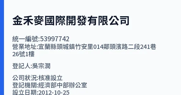 金禾麥國際開發有限公司的照片-統編 53997742(宜蘭縣) 公司登記資料與營業項目詳細圖表