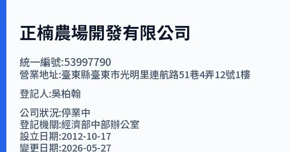 正楠農場開發有限公司的照片-統編 53997790(臺東縣) 公司登記資料與營業項目詳細圖表