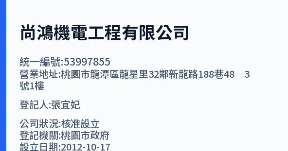 尚鴻機電工程有限公司的照片-統編 53997855(桃園市) 公司登記資料與營業項目詳細圖表