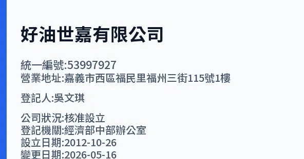 好油世嘉有限公司的照片-統編 53997927(嘉義市) 公司登記資料與營業項目詳細圖表