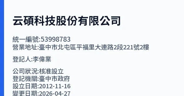 云碩科技股份有限公司的照片-統編 53998783(臺中市) 公司登記資料與營業項目詳細圖表