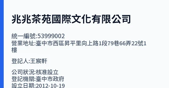 兆兆茶苑國際文化有限公司的照片-統編 53999002(臺中市) 公司登記資料與營業項目詳細圖表