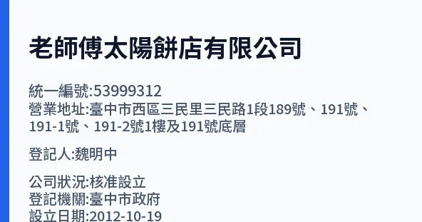 老師傅太陽餅店有限公司的照片-統編 53999312(臺中市) 公司登記資料與營業項目詳細圖表