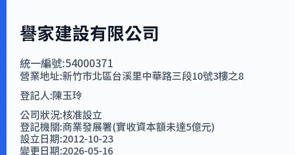 譽家建設有限公司的照片-統編 54000371(新竹市) 公司登記資料與營業項目詳細圖表
