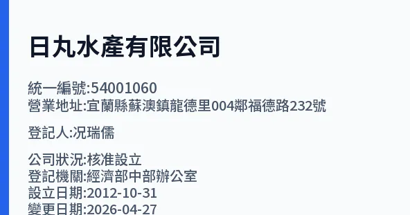 日丸水產有限公司的照片-統編 54001060(宜蘭縣) 公司登記資料與營業項目詳細圖表