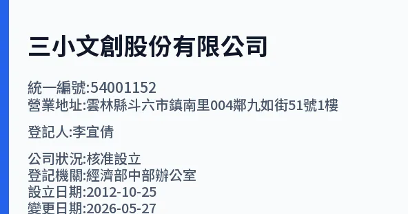 三小文創股份有限公司的照片-統編 54001152(雲林縣) 公司登記資料與營業項目詳細圖表