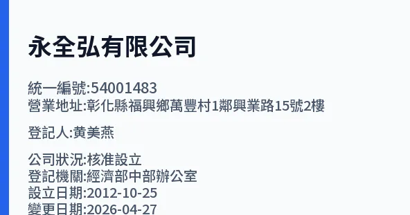 永全弘有限公司的照片-統編 54001483(彰化縣) 公司登記資料與營業項目詳細圖表