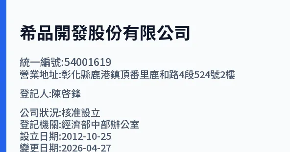 希品開發股份有限公司的照片-統編 54001619(彰化縣) 公司登記資料與營業項目詳細圖表