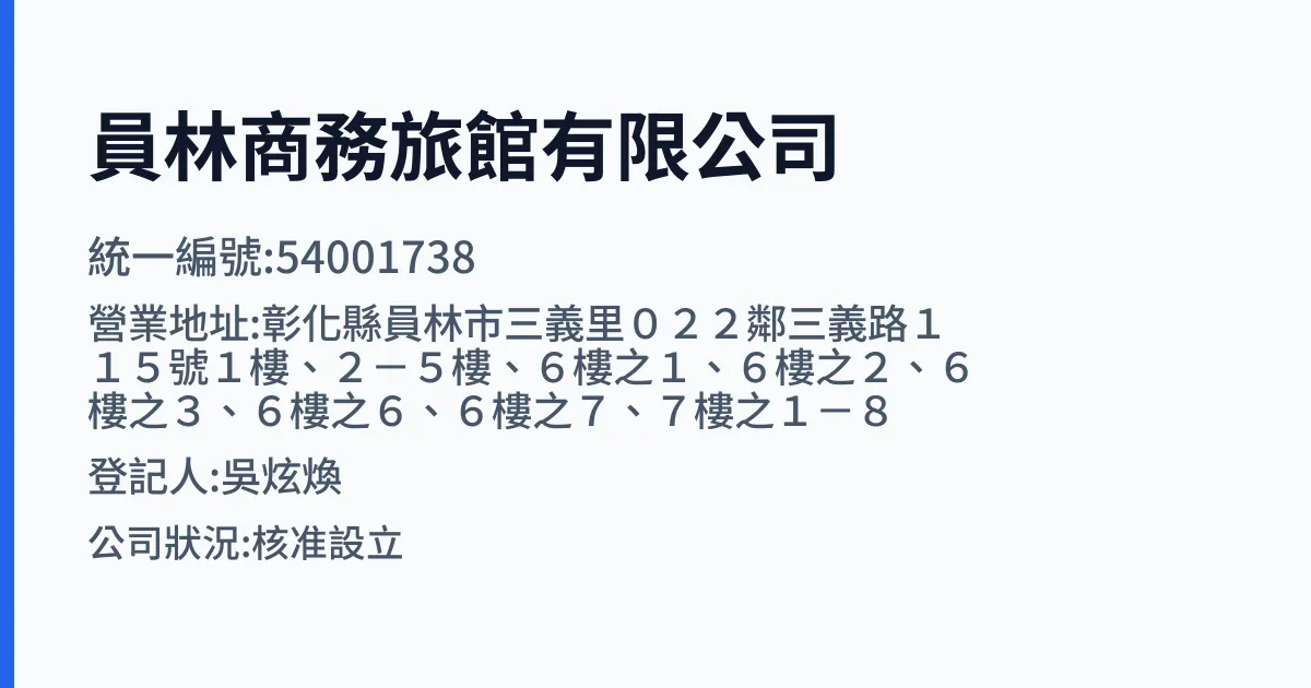 員林商務旅館有限公司 - 統編 54001738(彰化縣) 公司登記資料與營業項目詳細圖表