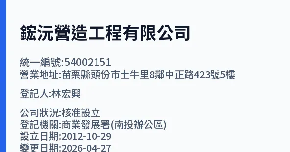 鋐沅營造工程有限公司的照片-統編 54002151(苗栗縣) 公司登記資料與營業項目詳細圖表