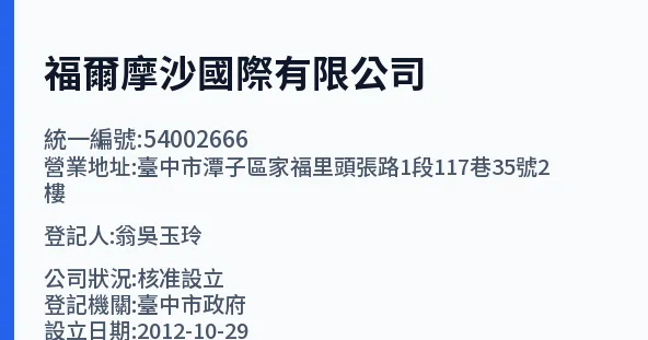 福爾摩沙國際有限公司的照片-統編 54002666(臺中市) 公司登記資料與營業項目詳細圖表