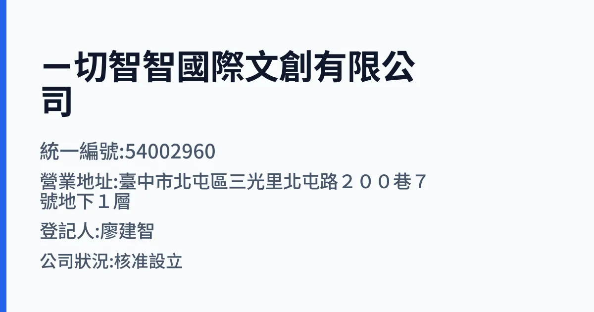 ㄧ切智智國際文創有限公司 - 統編 54002960(臺中市) 公司登記資料與營業項目詳細圖表