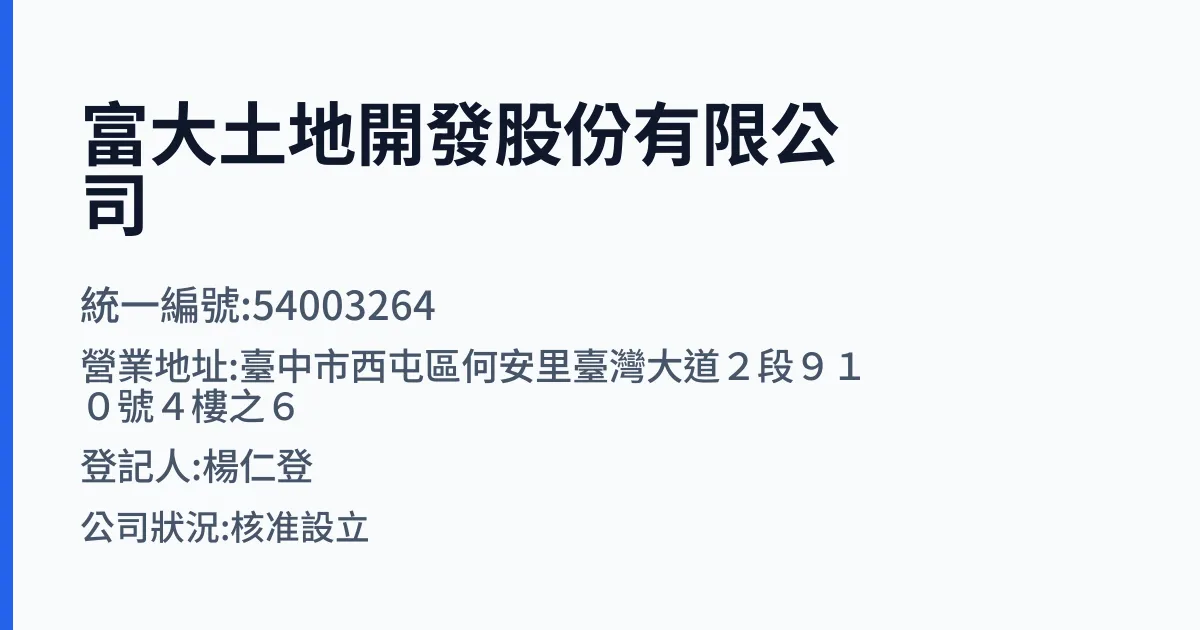 富大土地開發股份有限公司 - 統編 54003264(臺中市) 公司登記資料與營業項目詳細圖表