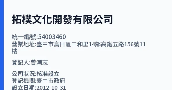 拓樸文化開發有限公司的照片-統編 54003460(臺中市) 公司登記資料與營業項目詳細圖表