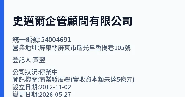 史邁爾企管顧問有限公司的照片-統編 54004691(屏東縣) 公司登記資料與營業項目詳細圖表