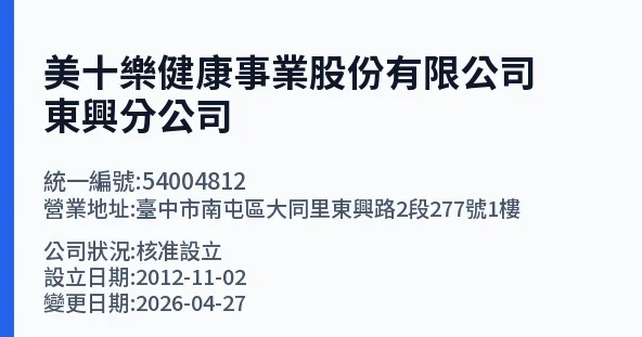 美十樂健康事業股份有限公司東興分公司的照片-統編 54004812(臺中市) 公司登記資料與營業項目詳細圖表
