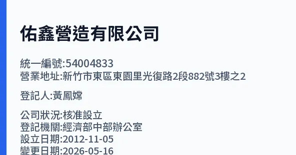 佑鑫營造有限公司的照片-統編 54004833(新竹市) 公司登記資料與營業項目詳細圖表
