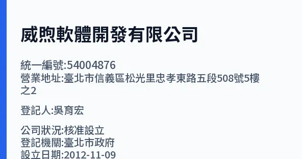 威煦軟體開發有限公司的照片-統編 54004876(臺北市) 公司登記資料與營業項目詳細圖表