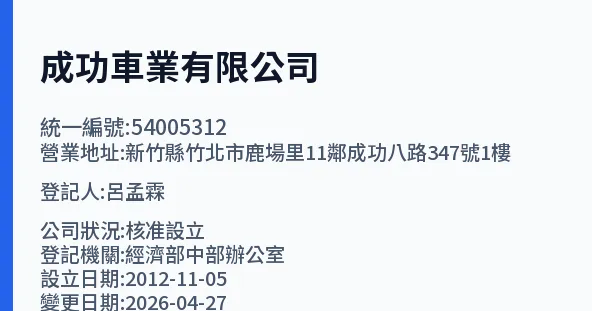 成功車業有限公司的照片-統編 54005312(新竹縣) 公司登記資料與營業項目詳細圖表