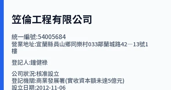 笠倫工程有限公司的照片-統編 54005684(宜蘭縣) 公司登記資料與營業項目詳細圖表