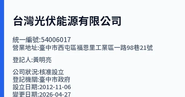 台灣光伏能源有限公司的照片-統編 54006017(臺中市) 公司登記資料與營業項目詳細圖表