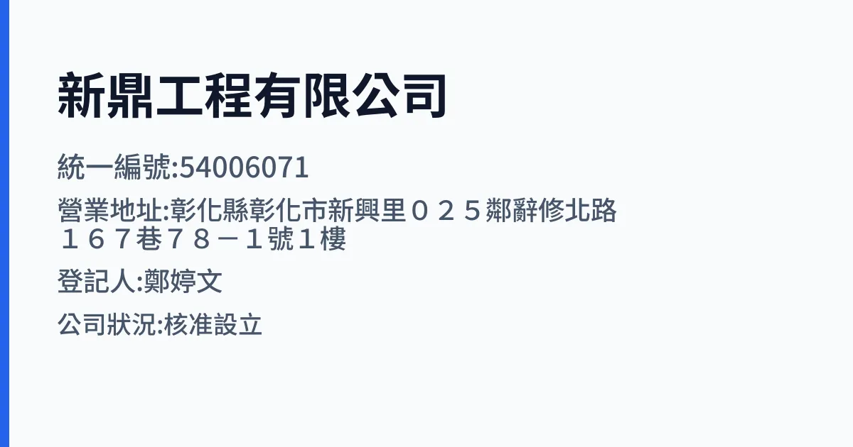 新鼎工程有限公司 - 統編 54006071(彰化縣) 公司登記資料與營業項目詳細圖表