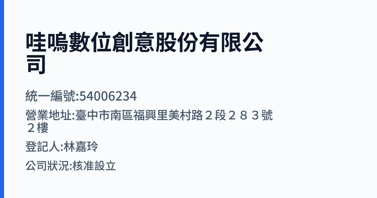 哇嗚數位創意股份有限公司 - 統編 54006234(臺中市) 公司登記資料與營業項目詳細圖表