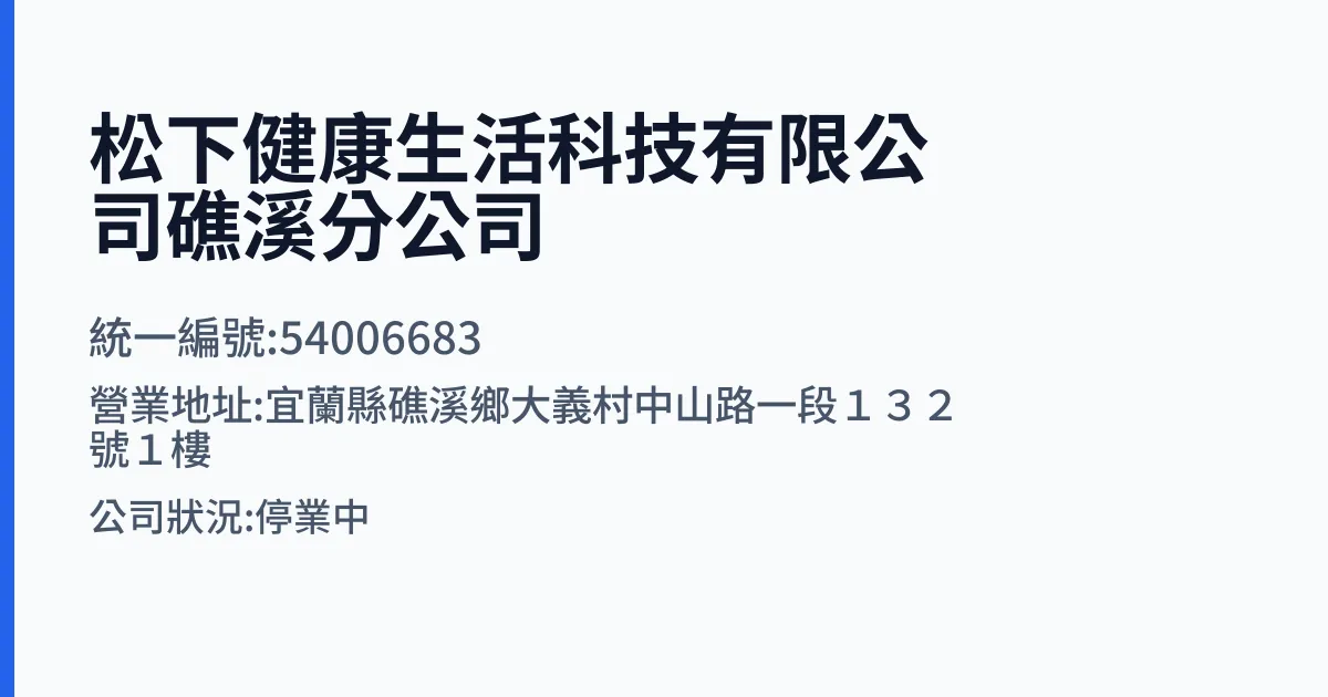 松下健康生活科技有限公司礁溪分公司 - 統編 54006683(宜蘭縣) 公司登記資料與營業項目詳細圖表