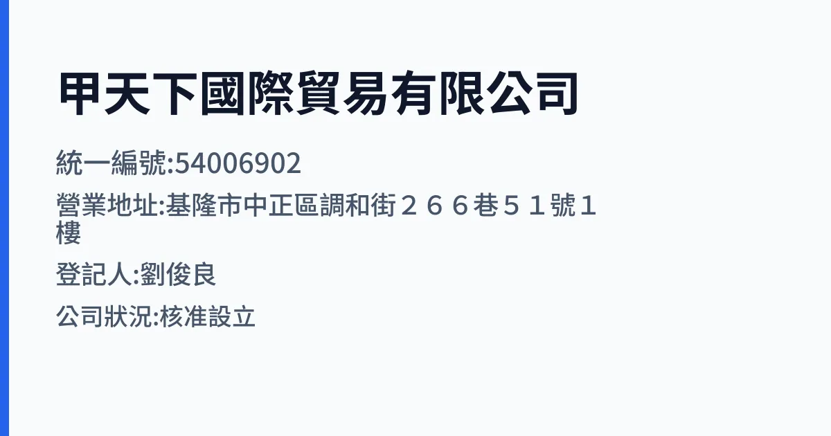 甲天下國際貿易有限公司 - 統編 54006902(基隆市) 公司登記資料與營業項目詳細圖表