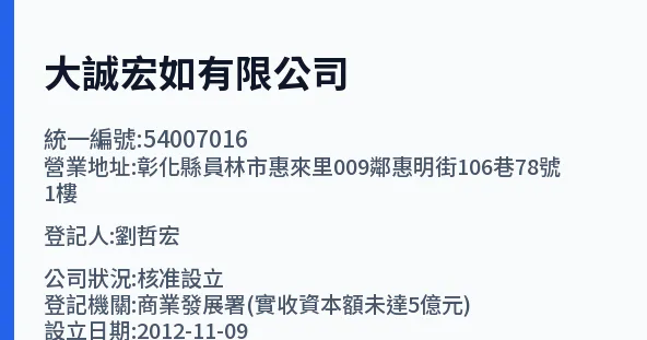 大誠宏如有限公司的照片-統編 54007016(彰化縣) 公司登記資料與營業項目詳細圖表