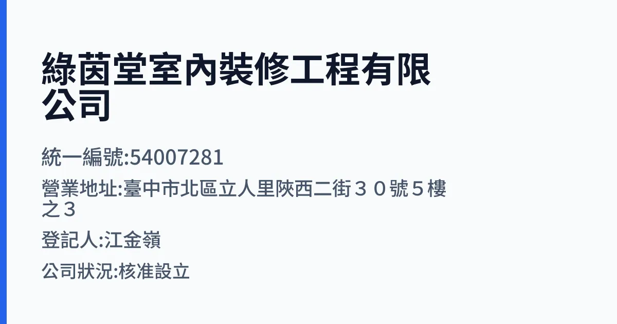 綠茵堂室內裝修工程有限公司 - 統編 54007281(臺中市) 公司登記資料與營業項目詳細圖表
