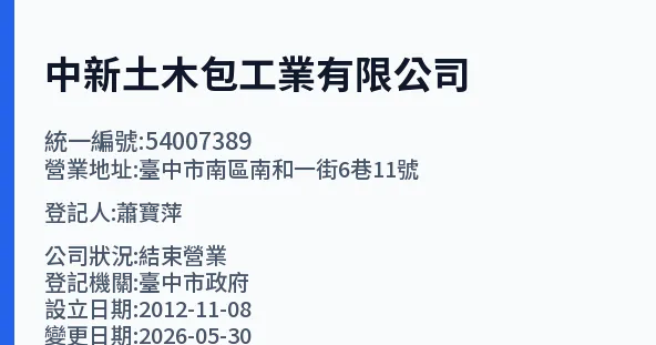 中新土木包工業有限公司的照片-統編 54007389(臺中市) 公司登記資料與營業項目詳細圖表