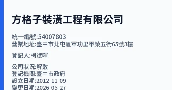 方格子裝潢工程有限公司的照片-統編 54007803(臺中市) 公司登記資料與營業項目詳細圖表