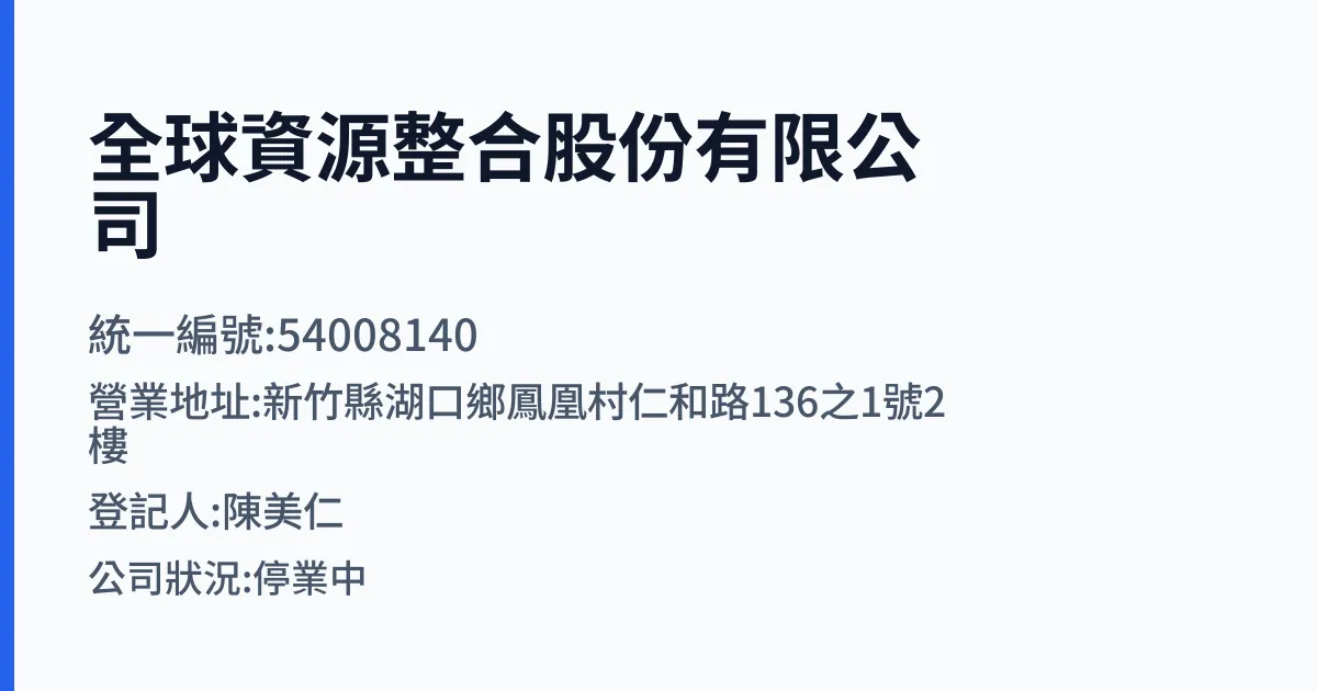 全球資源整合股份有限公司 - 統編 54008140(新竹縣) 公司登記資料與營業項目詳細圖表