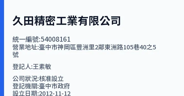 久田精密工業有限公司的照片-統編 54008161(臺中市) 公司登記資料與營業項目詳細圖表