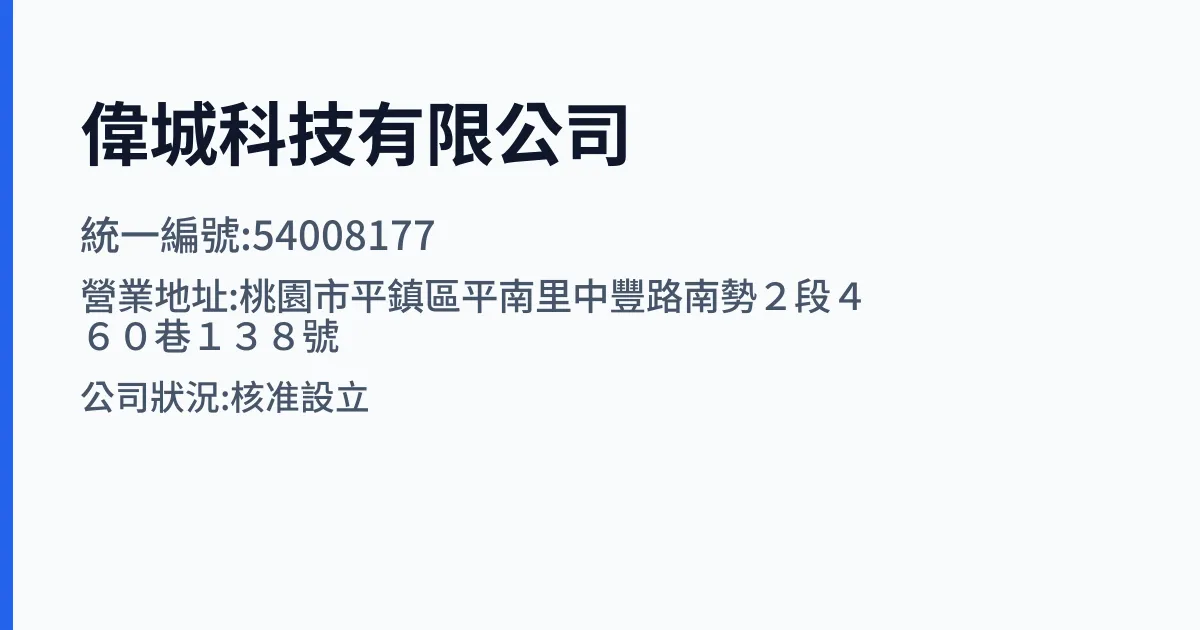 偉城科技有限公司 - 統編 54008177(桃園市) 公司登記資料與營業項目詳細圖表