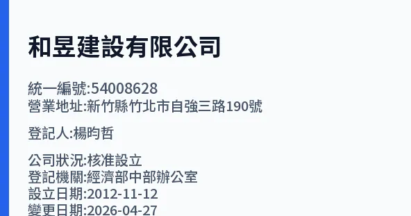 和昱建設有限公司的照片-統編 54008628(新竹縣) 公司登記資料與營業項目詳細圖表