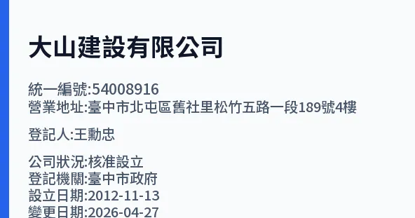 大山建設有限公司的照片-統編 54008916(臺中市) 公司登記資料與營業項目詳細圖表