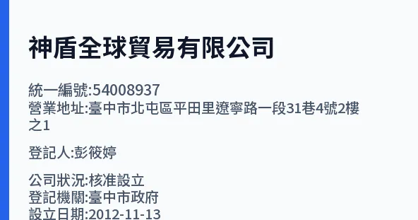 神盾全球貿易有限公司的照片-統編 54008937(臺中市) 公司登記資料與營業項目詳細圖表